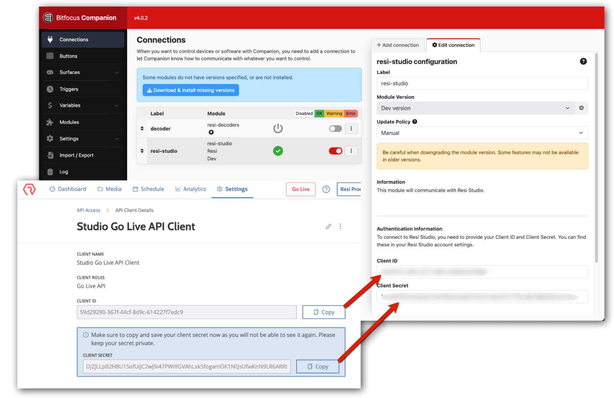 Using Bitfocus Companion and Stream Deck with Resi Go Live API