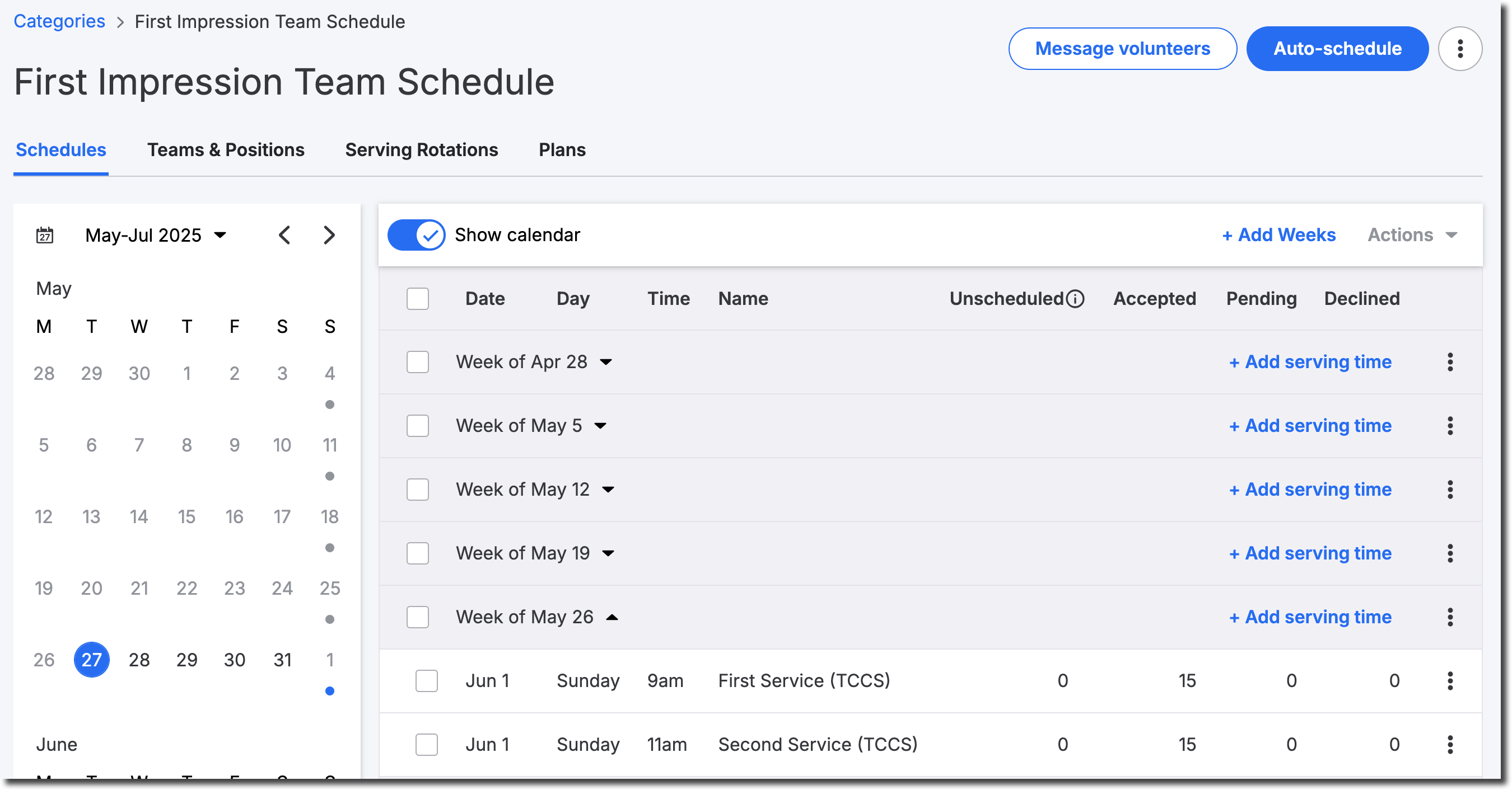 Learning about the Schedules List in Pushpay ChMS