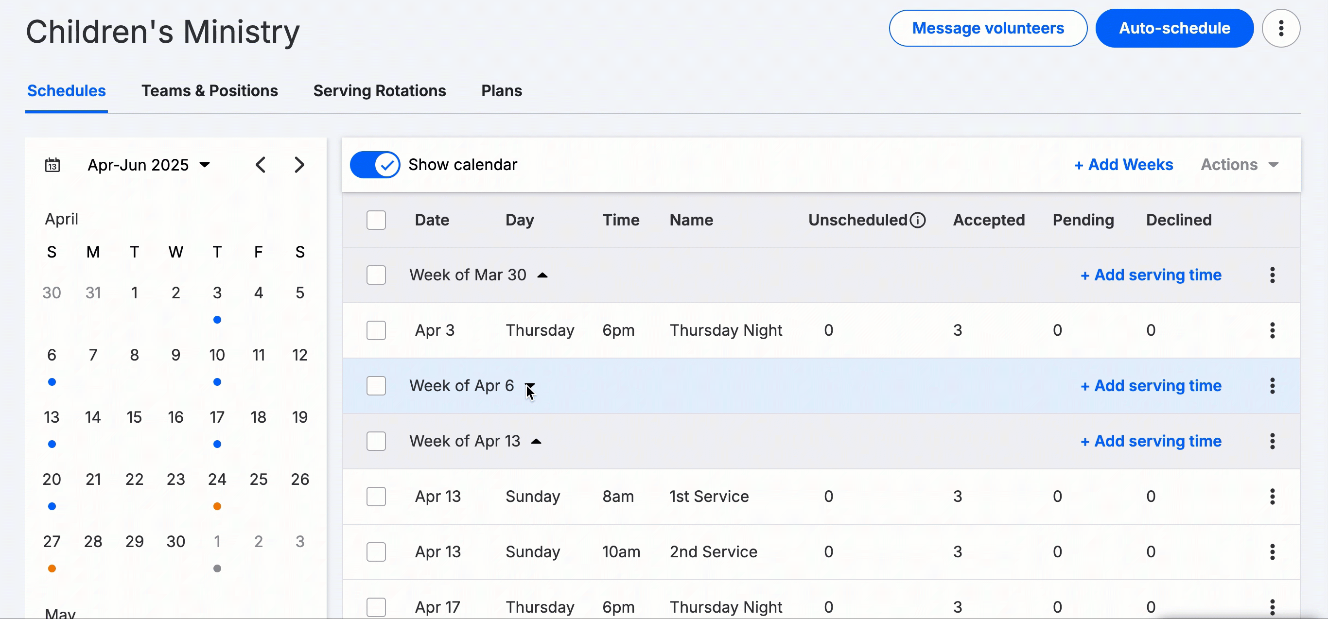 Learning about the Schedules List in Pushpay ChMS